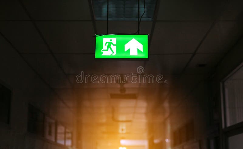 Emergency Exit Sign with Fire in the Building Stock Photo - Image of ...