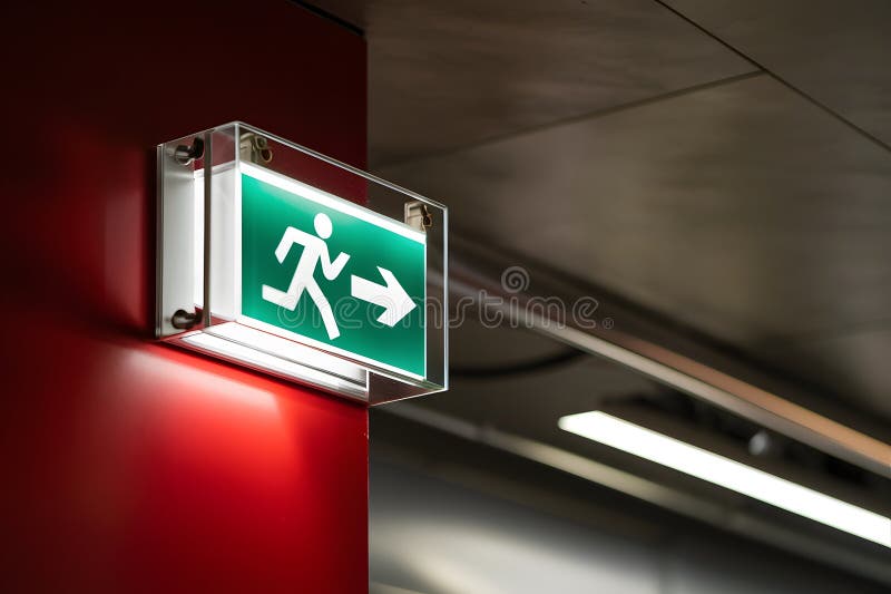 Emergency Exit Sign on Red Wall with Illuminated Green Figure, Pointing ...