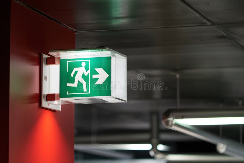 Emergency Exit Sign on Red Wall with Illuminated Green Figure, Pointing ...