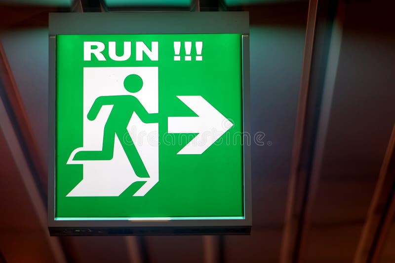 The Emergency Exit Sign RUN! Stock Image - Image of hotel, figure ...
