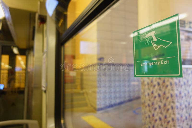 Emergency Exit Sign Visible in Public Transport Station Interior Stock ...