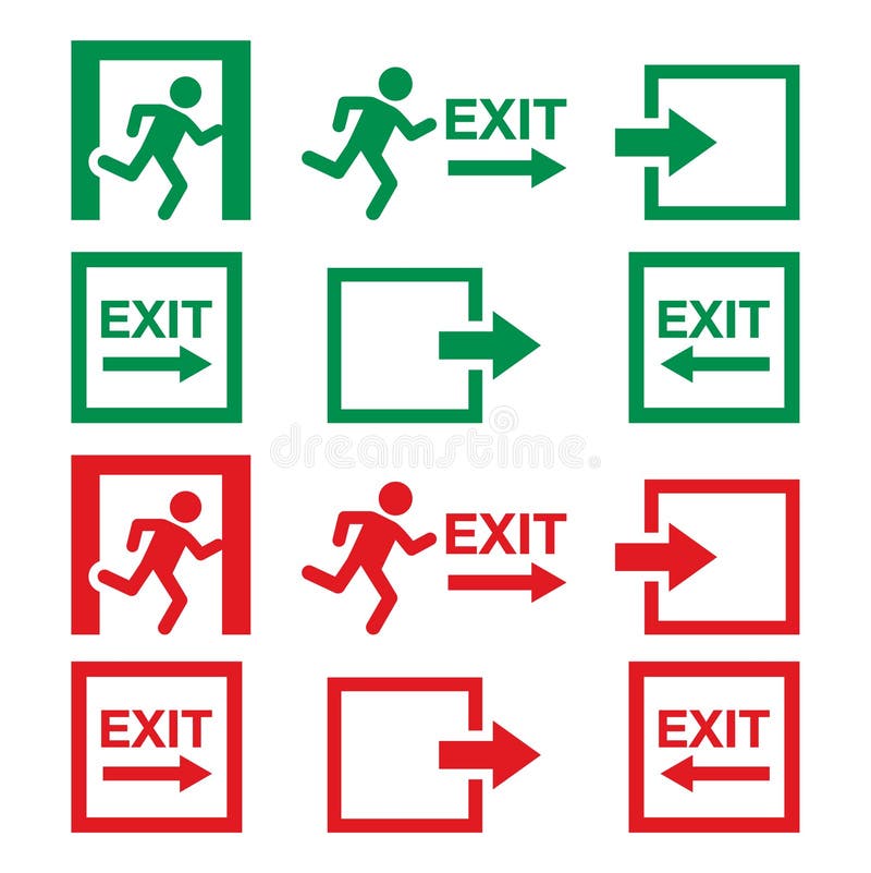 Emergency Exit Sign, Warning Icons Set in Green and Red Stock ...