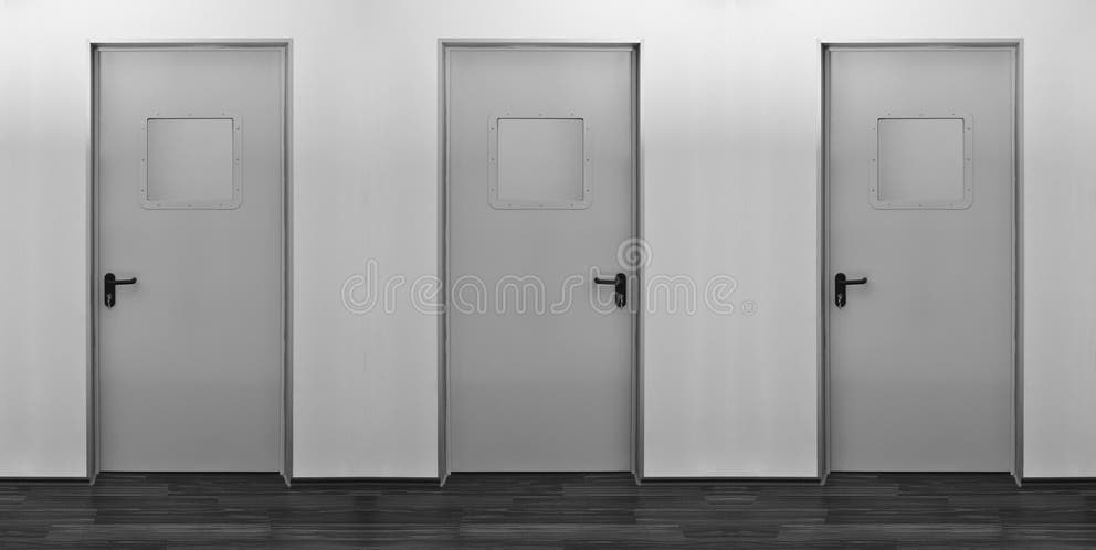 Emergency Exit Three Grey Door. Push Bar and Rail for Panic Exit Stock ...