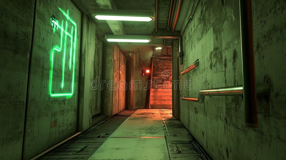 Emergency Exit Tunnel with Color-coded Light Paths and Safety Graphics ...