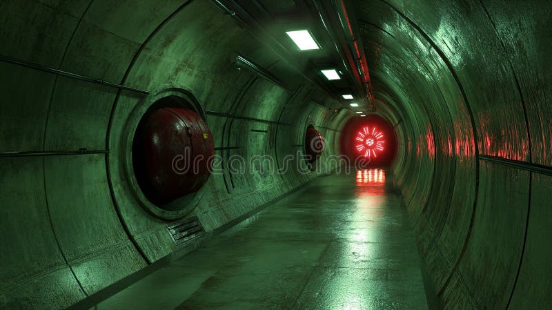 Emergency Exit Tunnel with Color-coded Light Paths and Safety Graphics ...