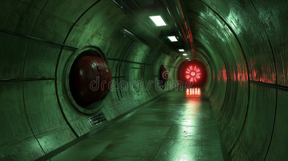 Emergency Exit Tunnel with Color-coded Light Paths and Safety Graphics ...
