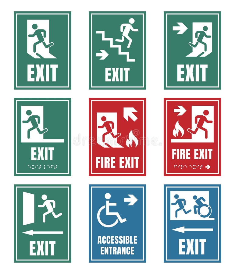 Set of Emergensy Exit Signs, Fire Exit Labels Stock Vector ...