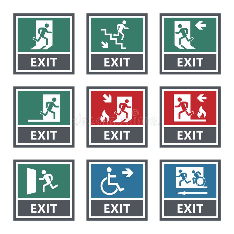 Set of Emergensy Exit Signs, Fire Exit Labels Stock Vector ...
