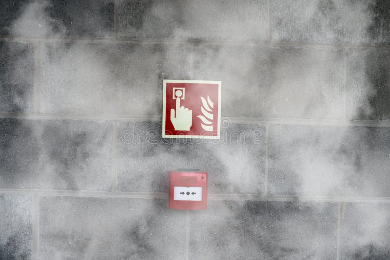 Emergency Fire Exit on the Stone Wall with Fire Smoke Stock Image ...