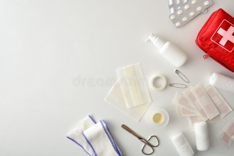Emergency First Aid Kit Supplies on the Corner on Table Stock Photo ...