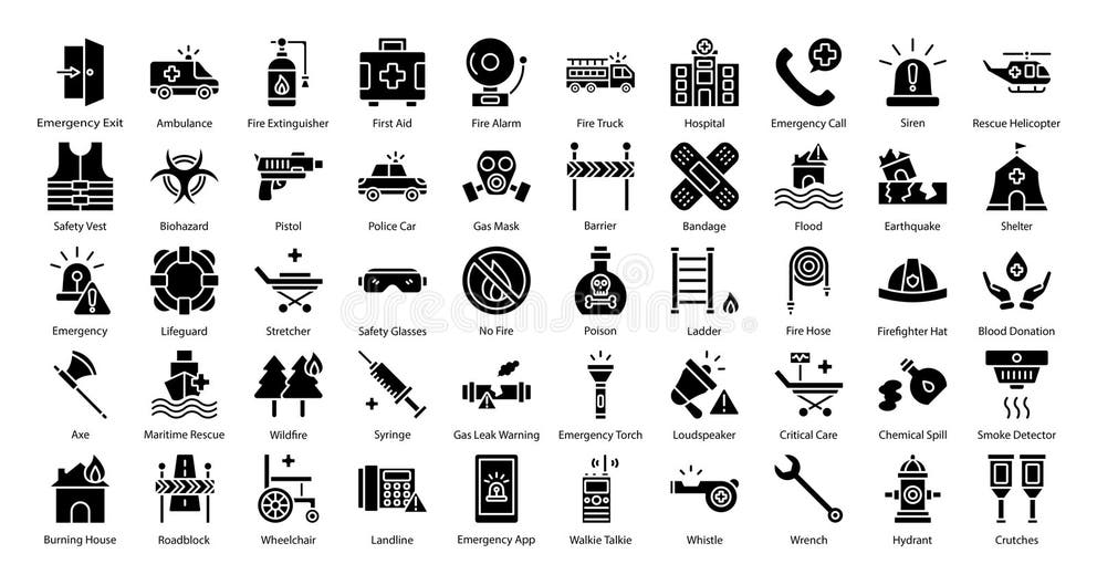 Emergency Icon Set: 50 Rapid Response Outline Vector Icons in Black ...