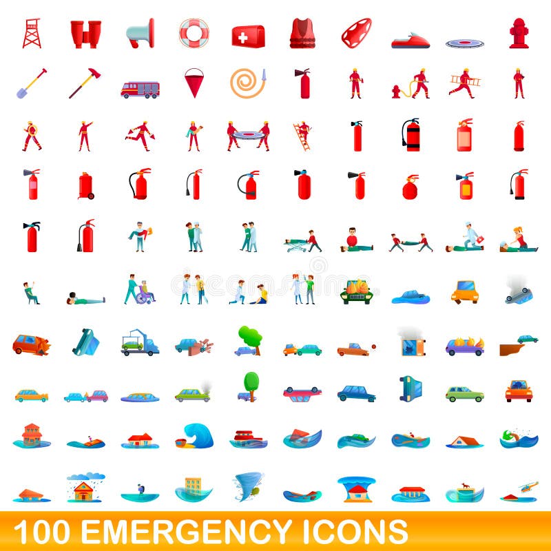 100 Emergency Icons Set, Cartoon Style Stock Vector - Illustration of ...