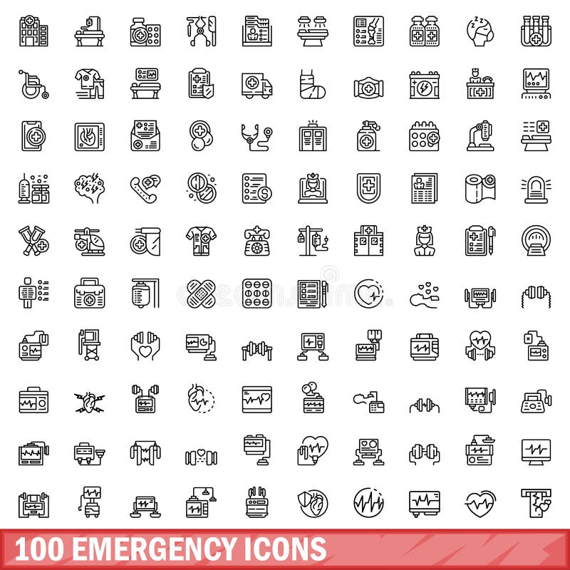 100 Emergency Icons Set, Outline Style Stock Vector - Illustration of ...