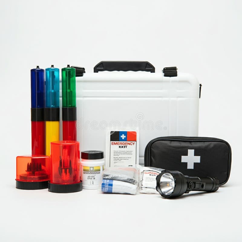 Emergency Kit Featuring Various Safety Items. Centered is a White Hard ...