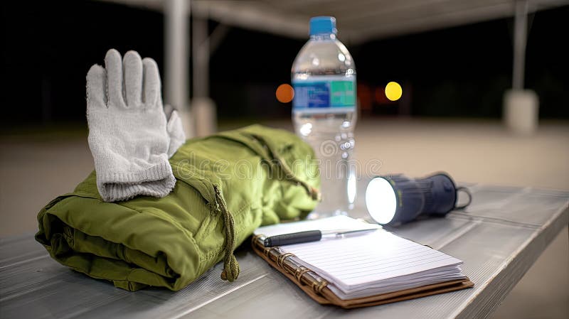 Emergency Kit Setup with Flashlight, Gloves, and Bottled Water in ...
