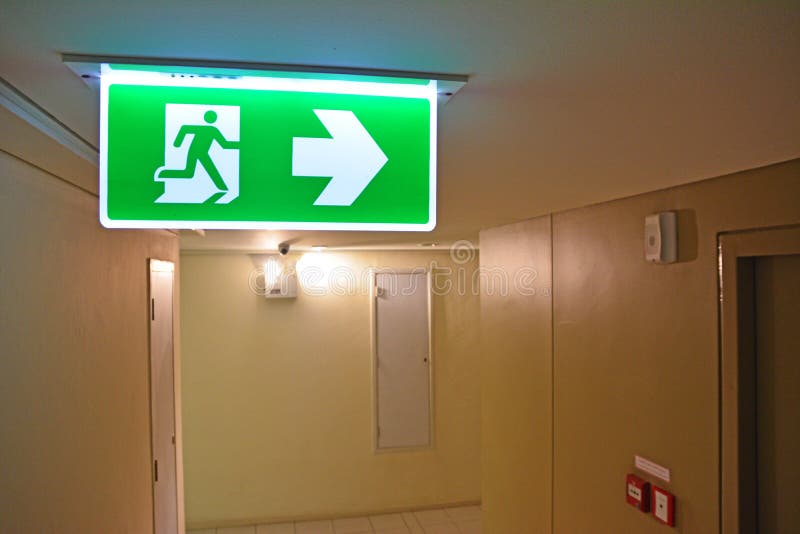 Emergency Light and Emergency Fire Exit Sign at the Corridor Stock ...