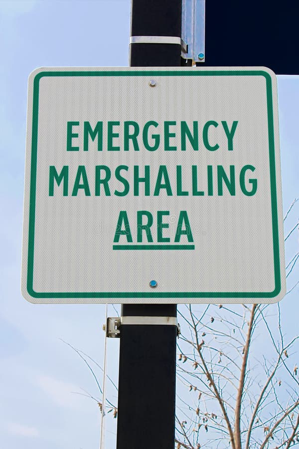 Emergency Marshalling Area Sign on a Street Pole Stock Photo - Image of ...