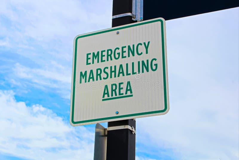 Emergency Marshalling Area Sign on a Street Pole Stock Photo - Image of ...
