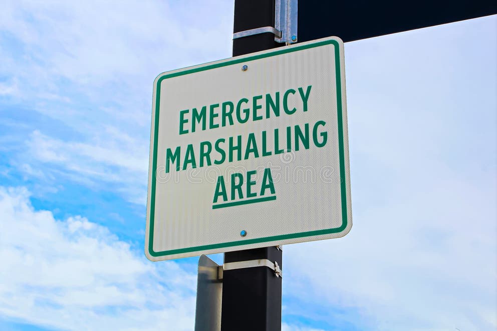 Emergency Marshalling Area Sign on a Street Pole Stock Photo - Image of ...