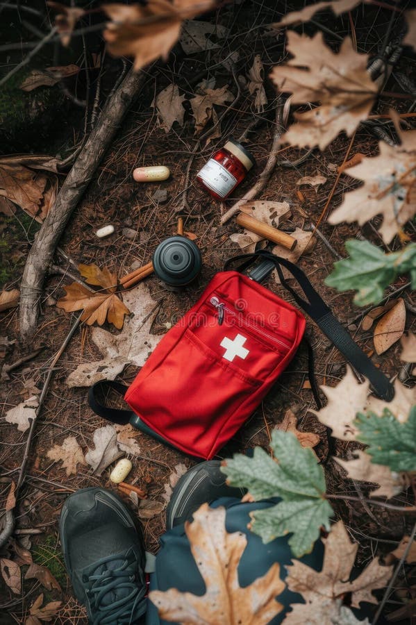Emergency Medical Kit with a Red Backpack, Compass, and Insect ...