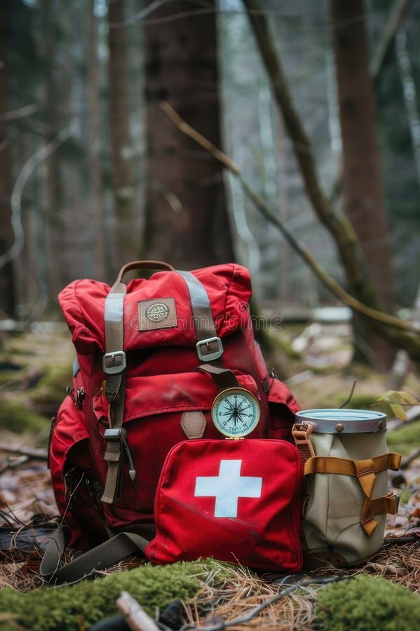 Emergency Medical Kit with a Red Backpack, Compass, and Insect ...