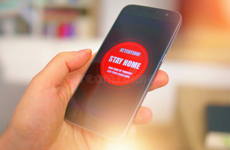 Emergency Message Stay Home on the Phone Stock Photo - Image of indoor ...