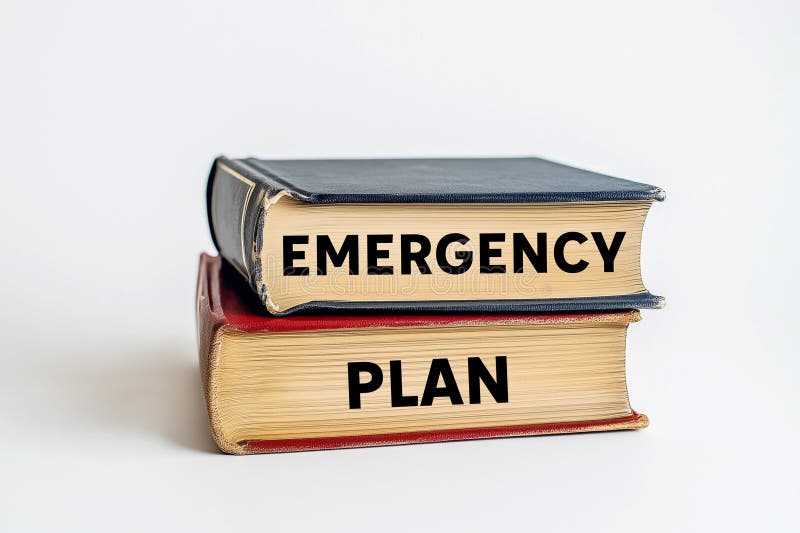 Emergency Plan Message Written on Stack of Books on White Background ...