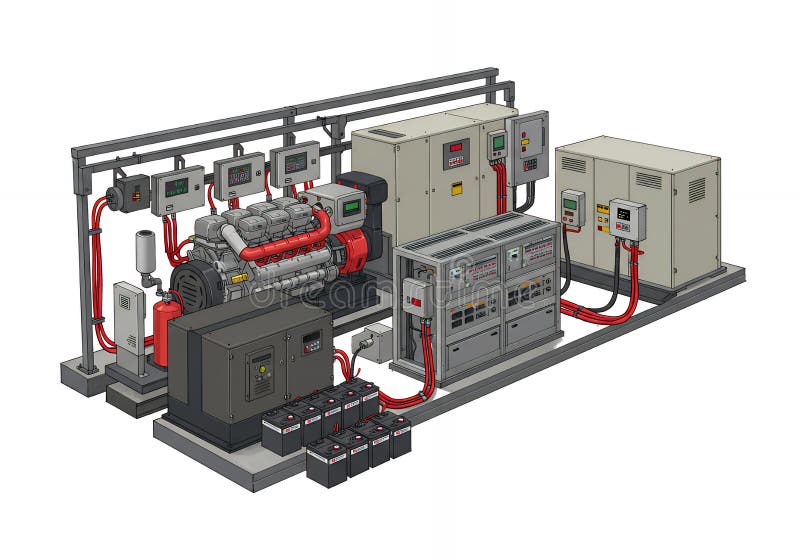 Emergency Power System Illustration with Engine and Control Panels on ...