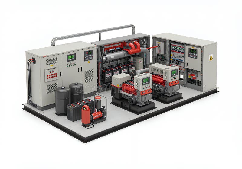 Emergency Power System with Red and Gray Generators on a White ...