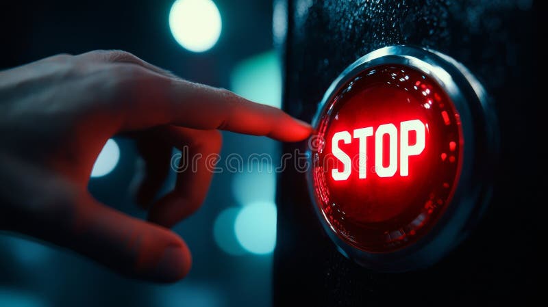 An Emergency Red Stop Button is Pressed by a Male Hand. Stock Image ...