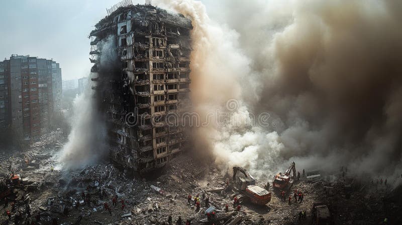 Emergency Responders Fighting Fire Amidst Collapsed Buildings and Thick ...