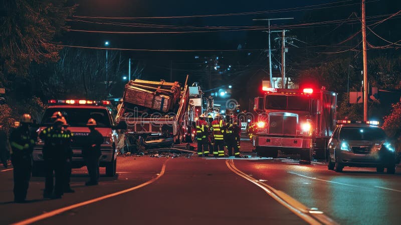 Emergency Responders at a Nighttime Accident Scene with Vehicles and ...