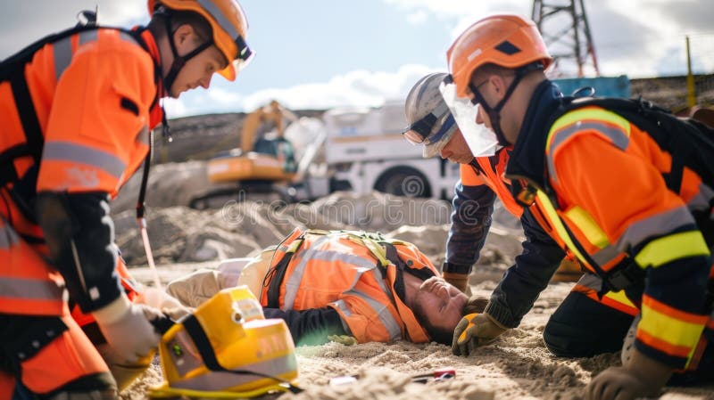 Emergency Responders Using a Defibrillator on an Unconscious Worker at ...
