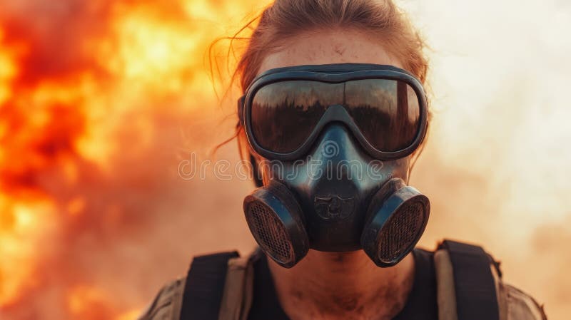 Emergency Response Team Member Wearing a Gas Mask in Front of a Fiery ...