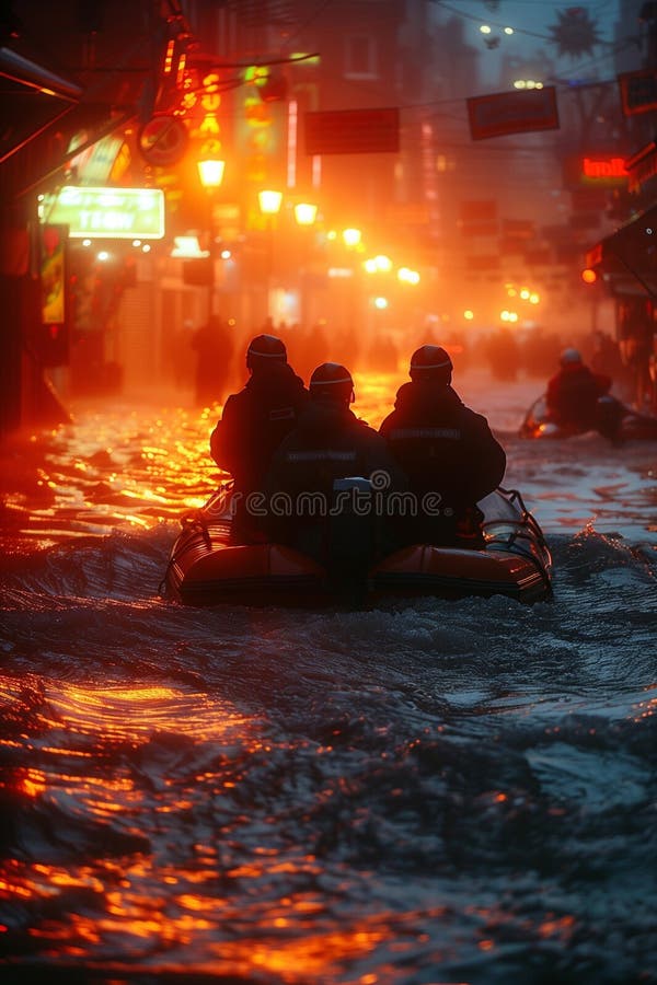 Emergency Response Teams Navigating through Flooded Street on Raft ...