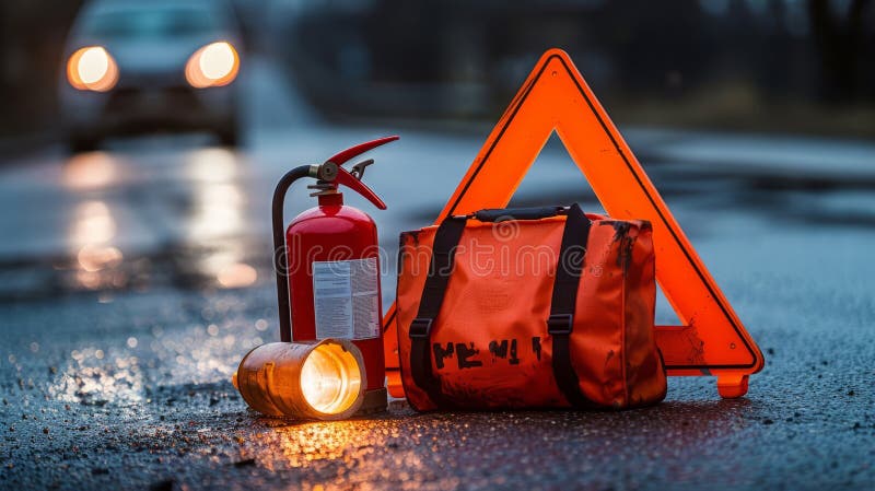 An Emergency Roadside Kit Including a Warning Triangle, Fire ...