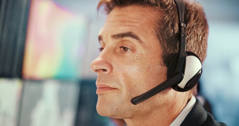 Emergency, Service and Man with Headset on Computer for Security ...