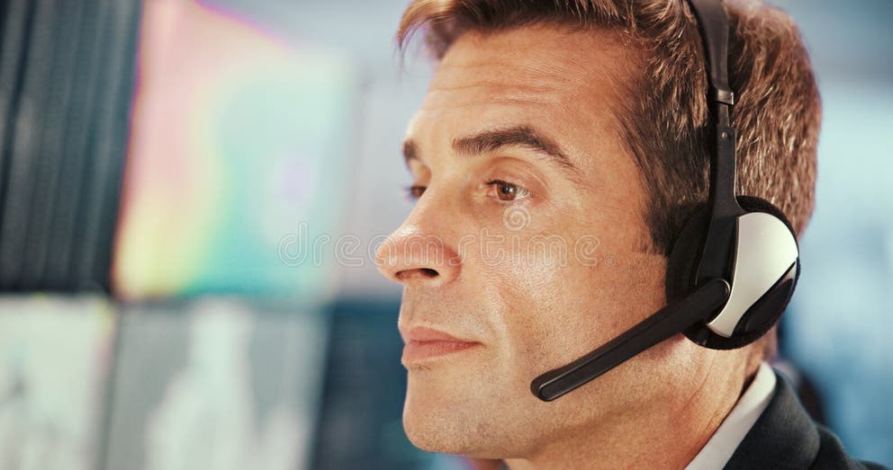 Emergency, Service and Man with Headset for Security, Dispatcher and ...
