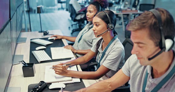 Emergency, Service and People on Computer with Headset for Security ...