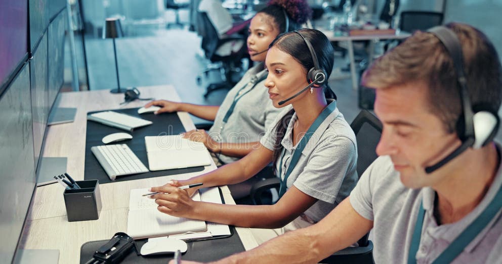 Emergency, Service and People on Computer with Headset for Security ...