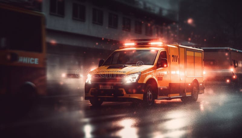 Emergency Services Vehicles Speed through Traffic at Night for Rescue ...