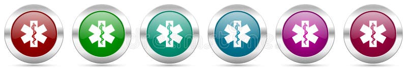 Emergency Silver Metallic Vector Icon Set, Round Glossy Buttons with ...