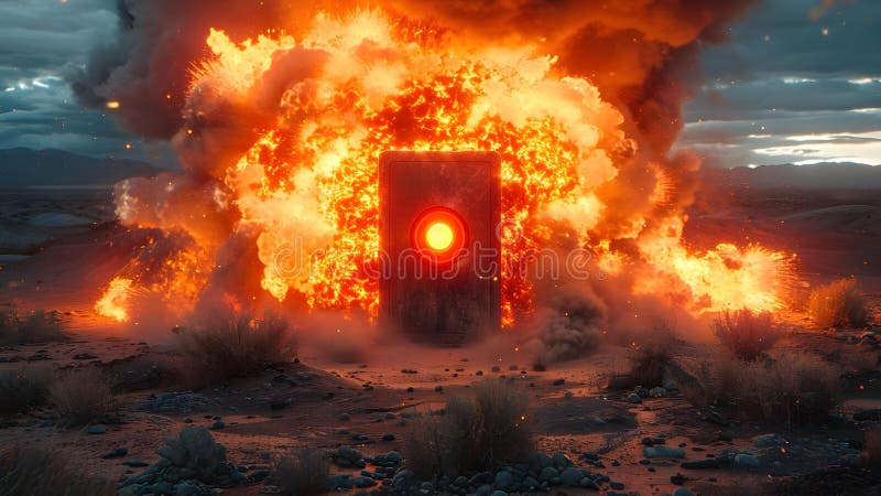 Emergency Stop Button in Desert with Nuclear Explosion Backdrop Ominous ...