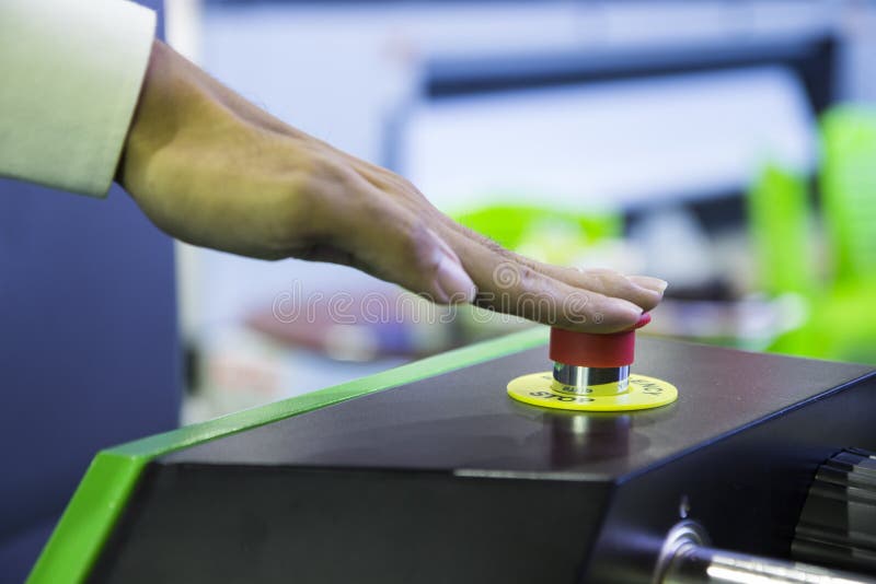 Emergency Stop Button Push by Finger for Stopping Machine Stock Image ...