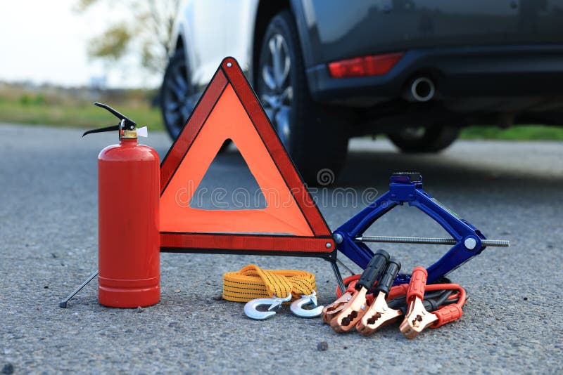 Emergency Warning Triangle and Car Safety Equipment Outdoors Stock ...