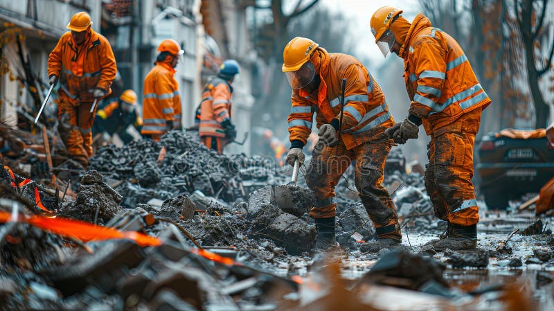 Emergency Workers Collaboratively Clearing Rubble Post-Disaster ...