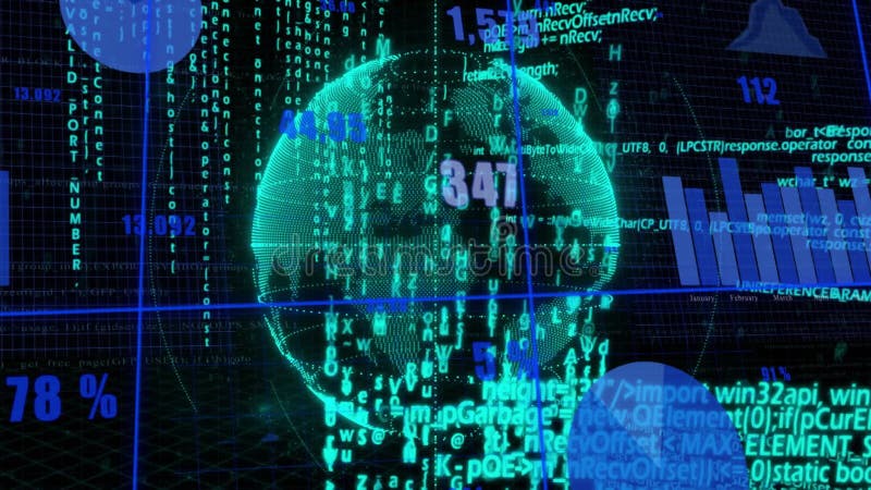 Emerging from Code Stream, Digital Globe Rotating while Charts Updating To Visualize Global Data ...