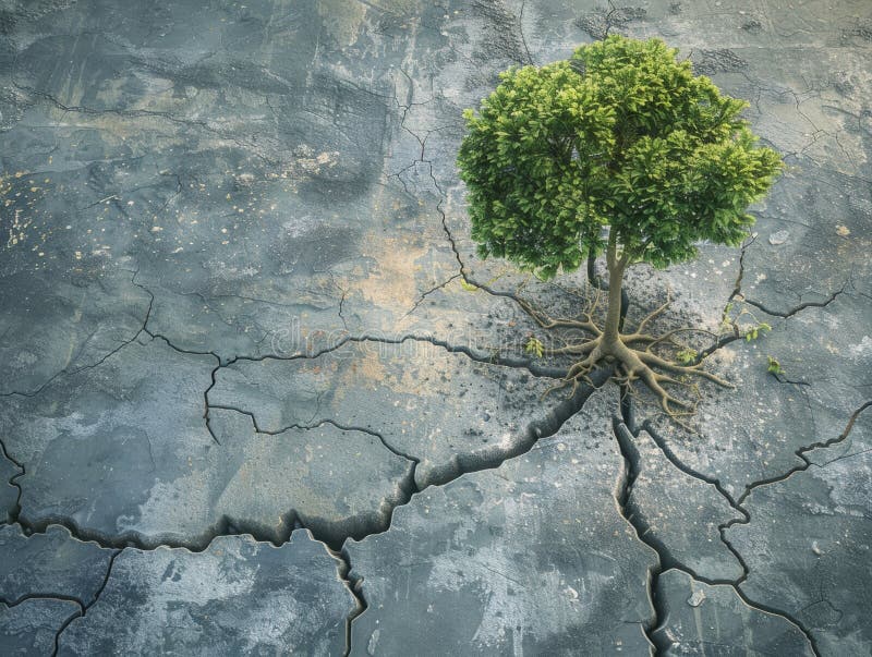 Emerging from the Cracks in Concrete, a Small Tree Represents ...