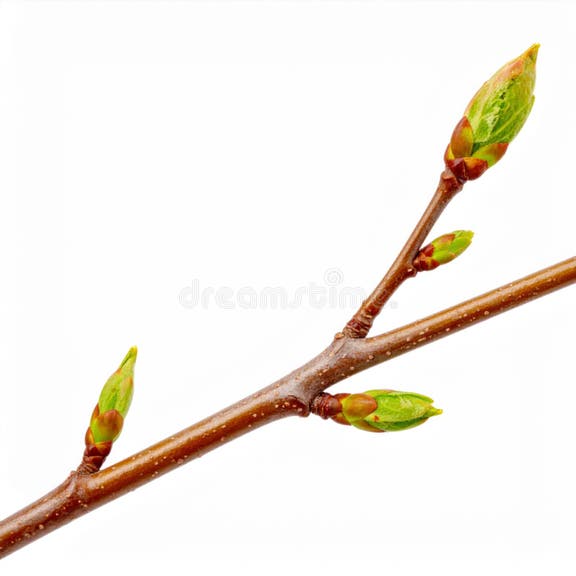 Emerging Green Buds on Brown Tree Branch in Spring on White Background ...