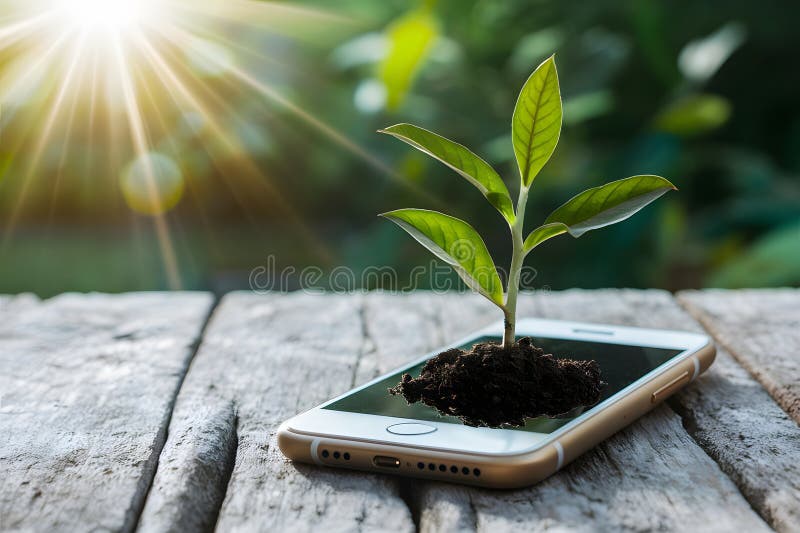 Emerging Green Plant from Soil on Smartphone, Showcasing Growth and ...